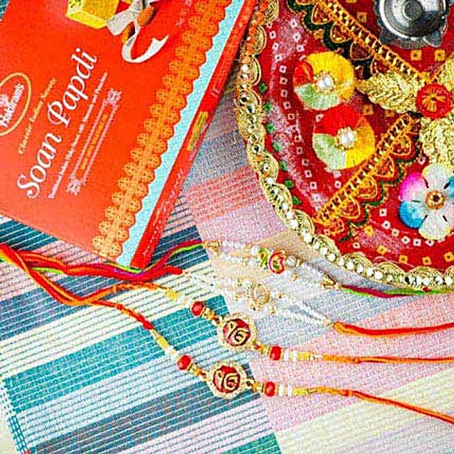 Four Devine Rakhi Set With Soan Papdi and Pooja Thali australia | Gift ...