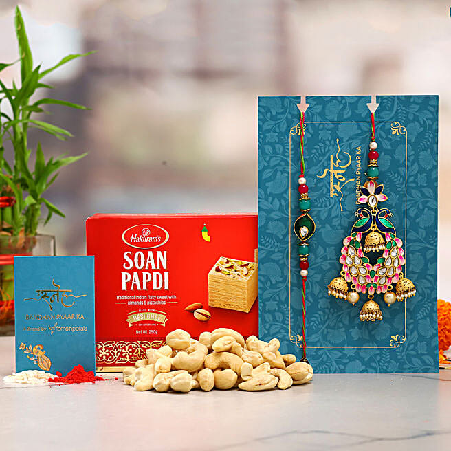 Peacock Lumba Rakhi Set And Cashew With Soan Papdi australia | Gift ...