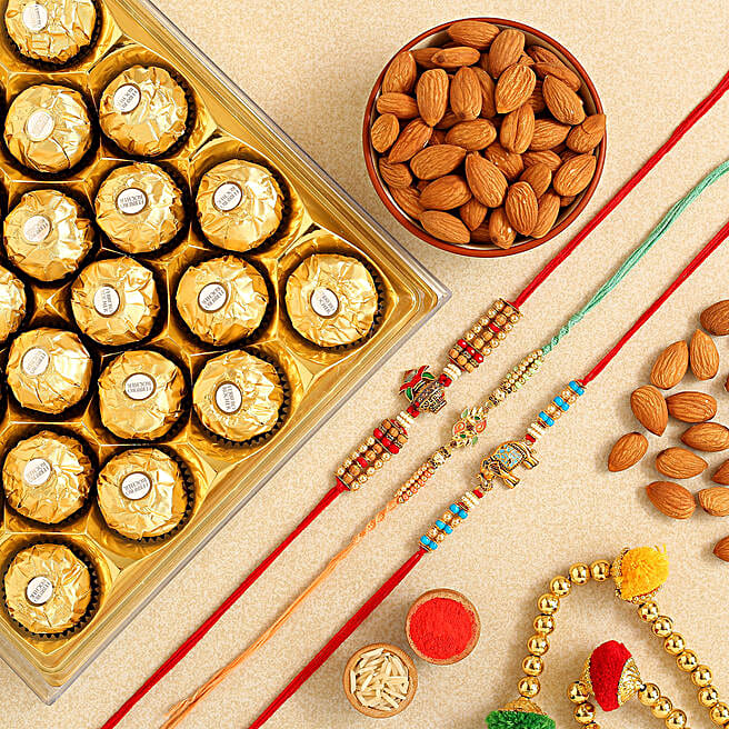 3 Ethnic Rakhis And Almonds With Ferrero Rocher australia | Gift 3 ...