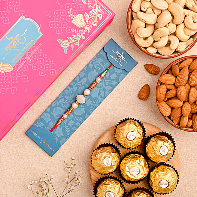 White Pearl Rakhi And Dry Fruits With Ferrero Rocher australia | Gift ...
