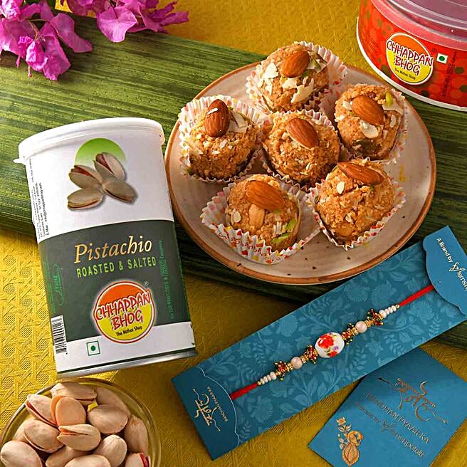 White Beads Pearl Rakhi With Badam Pinni And Roasted Pistachio canada ...