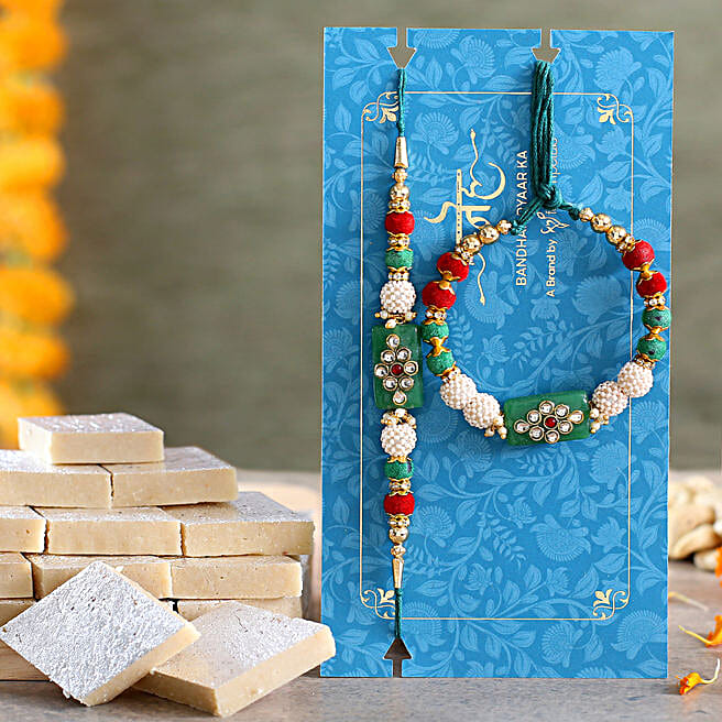 Green Pearl And Lumba Rakhi Set With Kaju Katli canada | Gift Green ...