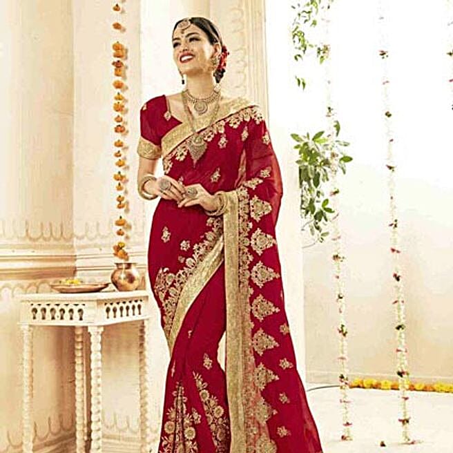 Buy/Send Floral Embroidered Saree in Sensual Red Online- FNP