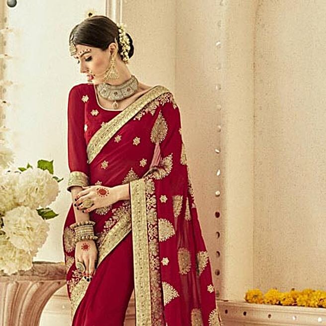 Red Saree With Golden Border