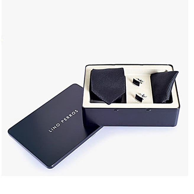Buy/Send Lino Perros Jet Black Tie N Cufflinks Set Online- FNP