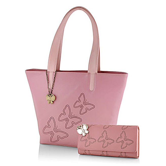 Buy/Send Butterflies Classy Baby Pink Handbag Combo Online- FNP