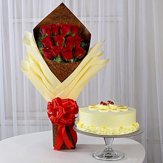 Buy/Send 12 Red Roses Bouquet & Butterscotch Cake Online- FNP