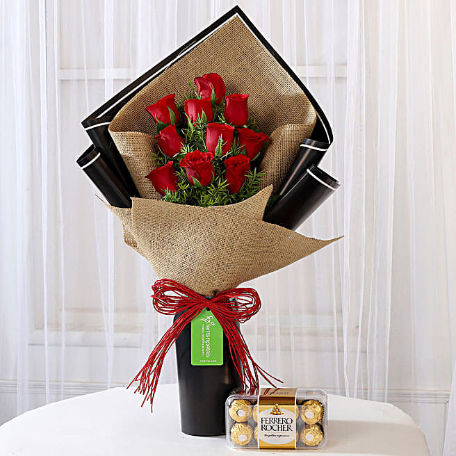 Buy/Send 10 Red Roses & Ferrero Rocher Box Online- FNP
