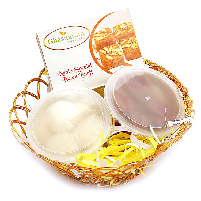 Buy/Send Gold Wired Basket Of Rasgulla, Gulab Jamun & Special Besan ...