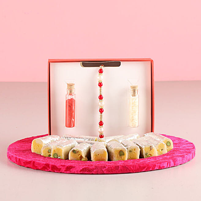 Buy/Send Designer Rakhi & Velvet Thali Combo Online- FNP