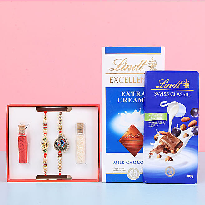 Buy/Send Meenakari Rakhi & Lindt Chocolate Combo Online- FNP