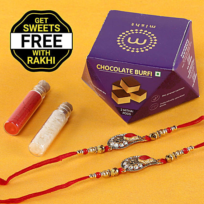 Buy/Send Two Designer Rakhi with Free Chocolate Burfi Sweet Box Online- FNP
