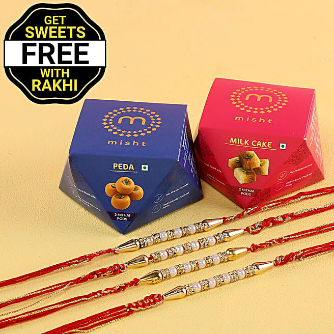 Buy/Send Free Sweet Boxes With White Pearl Rakhi Set Online- FNP