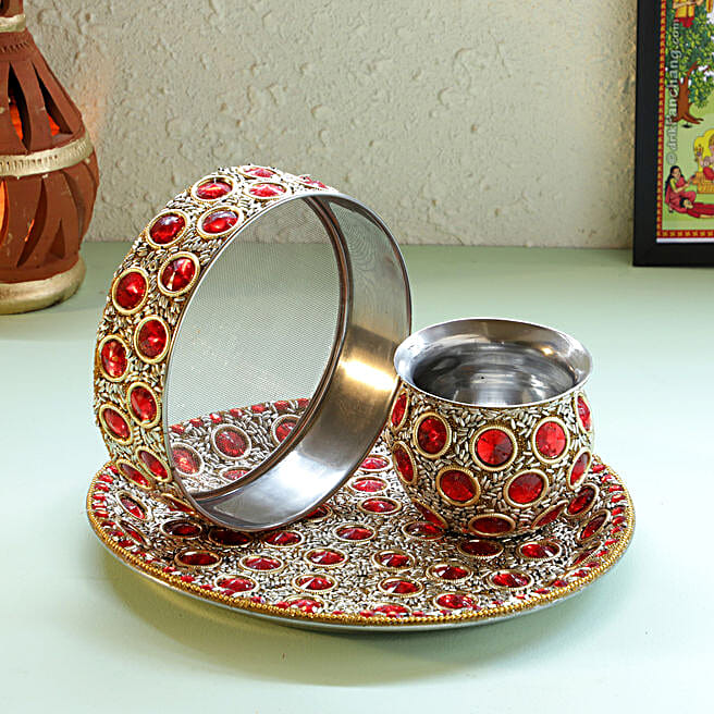 Buy/Send Golden Design Red Stone Thali Set Online- Ferns N Petals