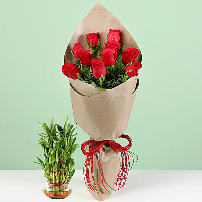 Buy/Send 10 Red Roses Bouquet With Lucky Bamboo Online- FNP