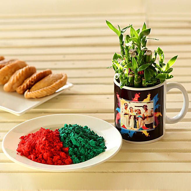 Buy/Send Personalised Holi Mug Bamboo Plant & Gulal Online- FNP