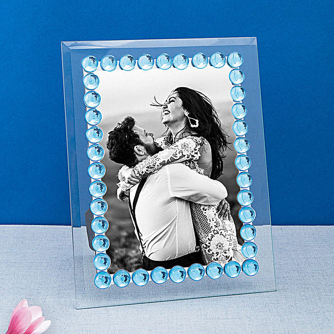 Buy/Send Personalised Blue Stone Studded Glass Photo Frame Online- FNP