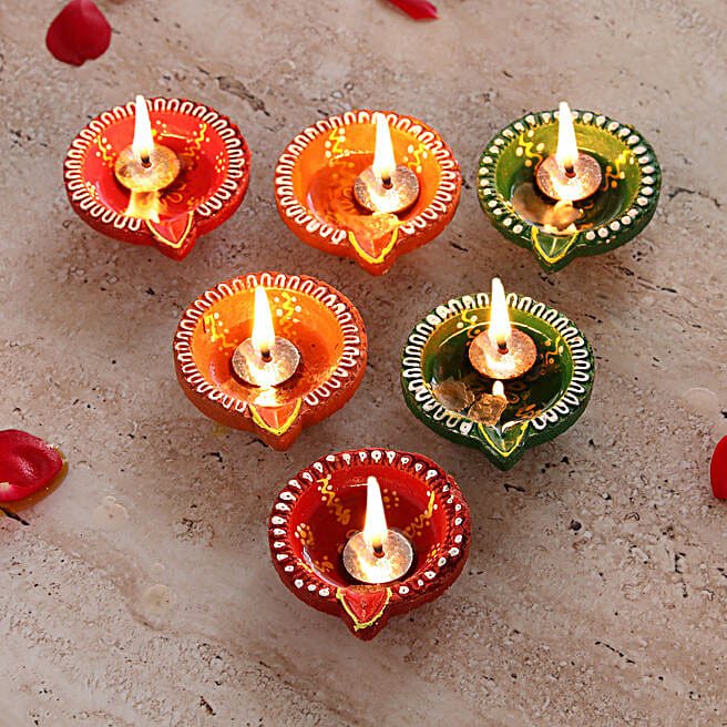 Buy/Send Hand Painted Colourful Diyas- Set of 6 Online- FNP