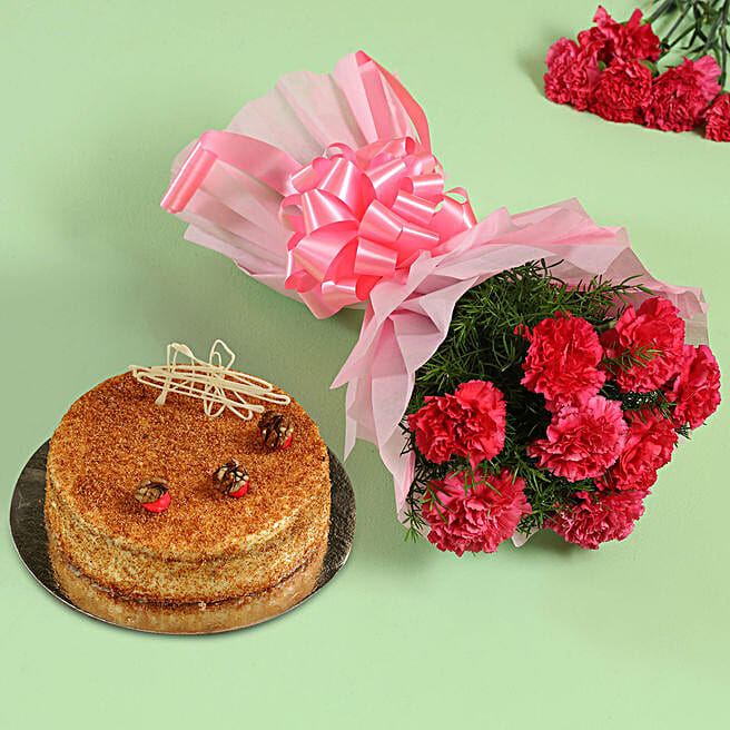 Buy/Send Pink Carnations & Delectable Carrot Walnut Cake Online- FNP
