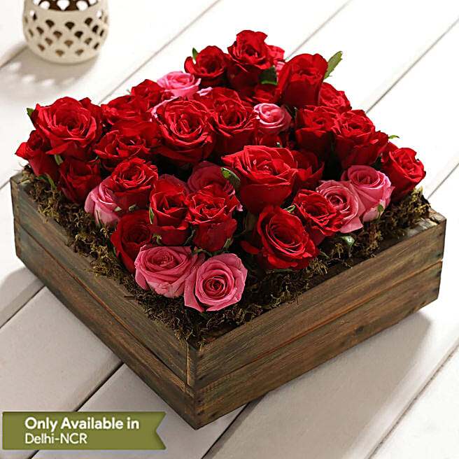 Buy/Send 30 Roses in Wooden Tray Online- Ferns N Petals