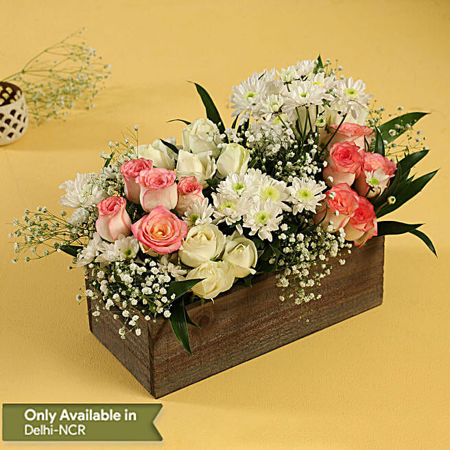 Buy/Send Mixed Flowers In Wooden Tray Online- Ferns N Petals