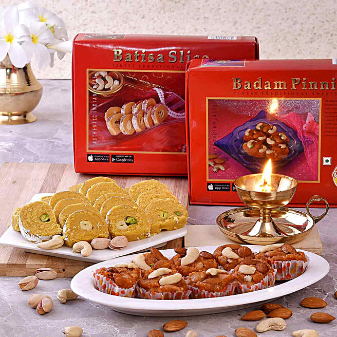 Buy/Send Chhappan Bhog Badam Pinni & Batisa Slice With Brass Deep ...