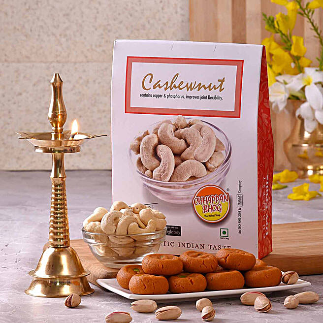 Buy/Send Chhappan Bhog Kesar Peda & Cashew Nuts Pack With Kerala Deep ...