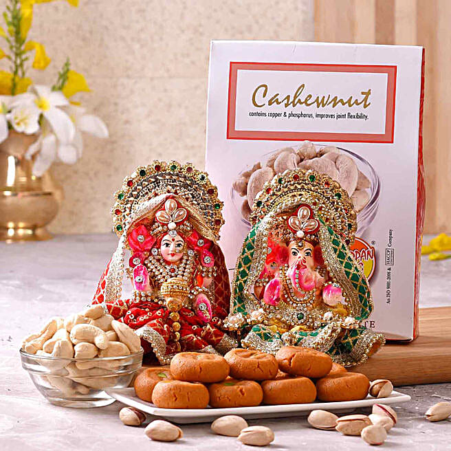Buy/Send Chhappan Bhog Kesar Peda & Cashews Pack With Lakshmi Ganesha ...
