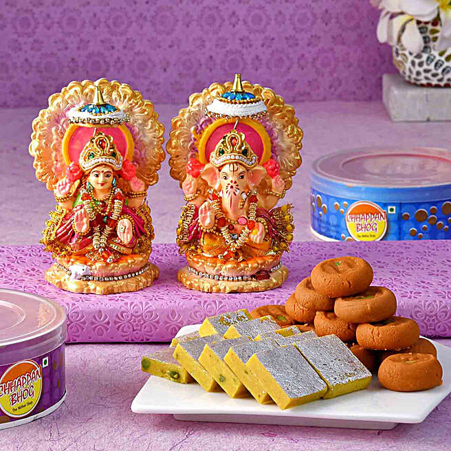 Buy/Send Chhappan Bhog Kesar Peda & Kaju Kesar Barfi With Lakshmi Gan ...