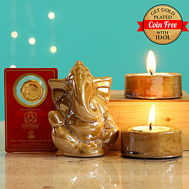 Buy/Send 24 Carat Gold Plated Coin Free With Beige Ganesha Idol Diwali ...