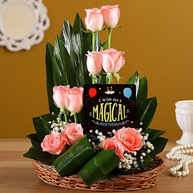 Buy/Send 10 Pink Roses Basket With Birthday Table Top Online- FNP