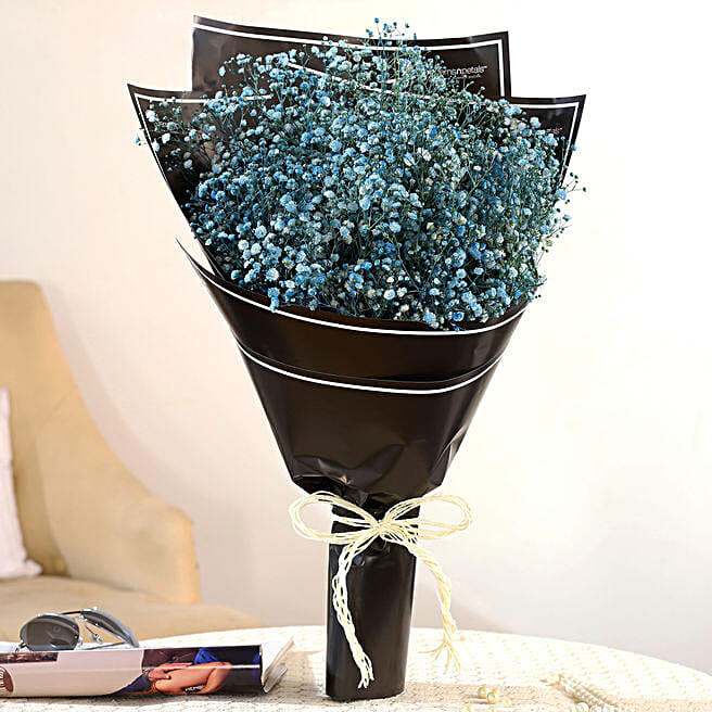 Buy/Send Blue Sprayed Gypso Bundle Tied With White Raffia Online- FNP