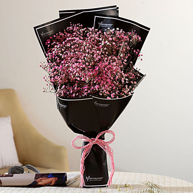 Buy/Send Pink Sprayed Gypso Bundle Tied With Pink Raffia Online- FNP