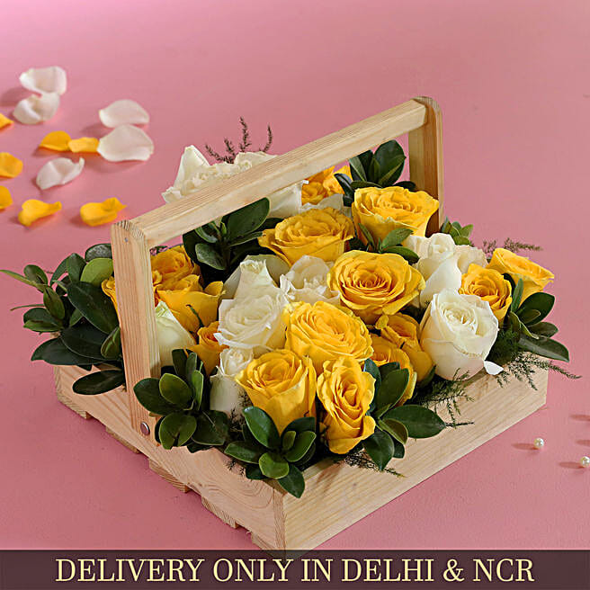 Buy/Send White & Yellow Roses Arrangement In Wooden Tray Basket Online- FNP