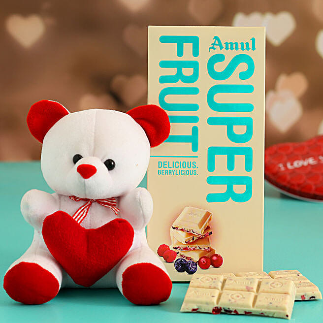 Buy/Send Amul Super Fruit Chocolate With Red & White Teddy Online- FNP