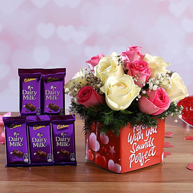Buy/Send Mixed Roses In Sticker Vase and Cadbury Dairy Milk Online- FNP