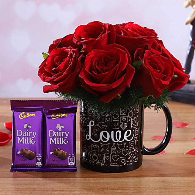 Buy/Send Red Roses Arrangement In Love Mug and Cadbury Dairy Milk ...