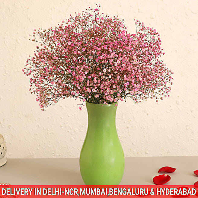 Buy/Send Gypsophila With Sprayed Pink Colour In Green Vase Online- FNP