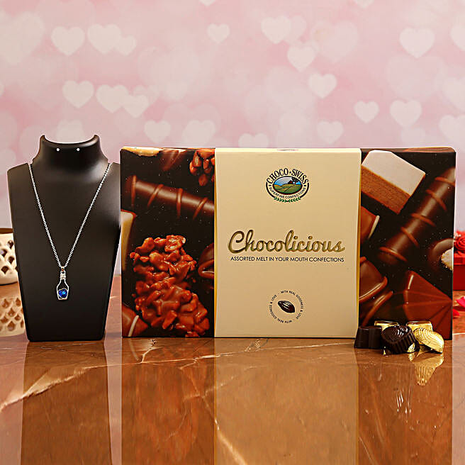 Buy/Send Bright Blue Necklace & Assorted Choco Swiss Chocolate Online- FNP