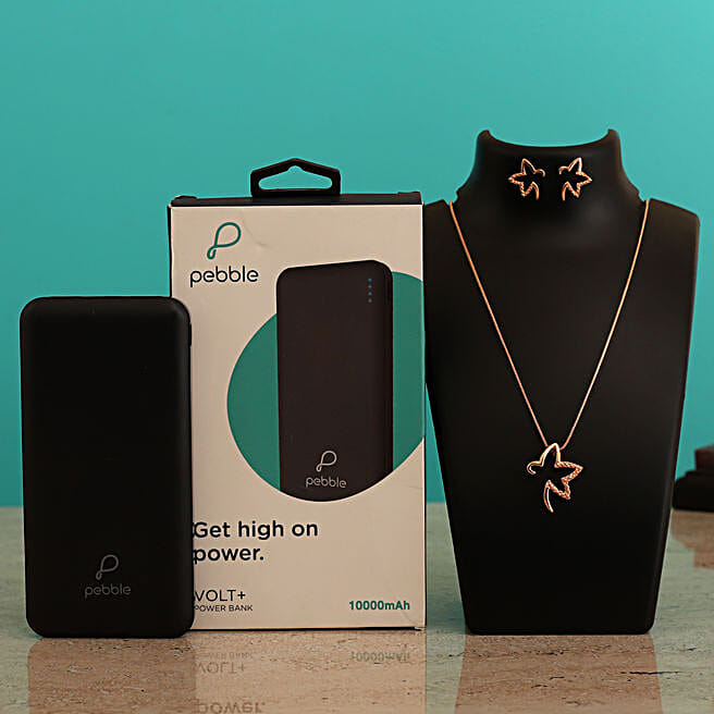 Buy/Send Pebble Power Bank Volt+ & Pretty Necklace Set Online- FNP