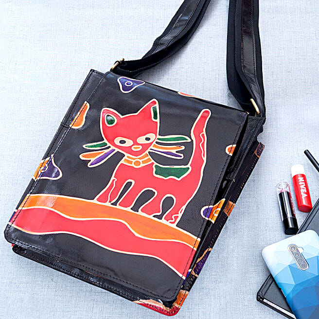 Buy/Send Cat Print Fine Leather Sling Bag Online- FNP