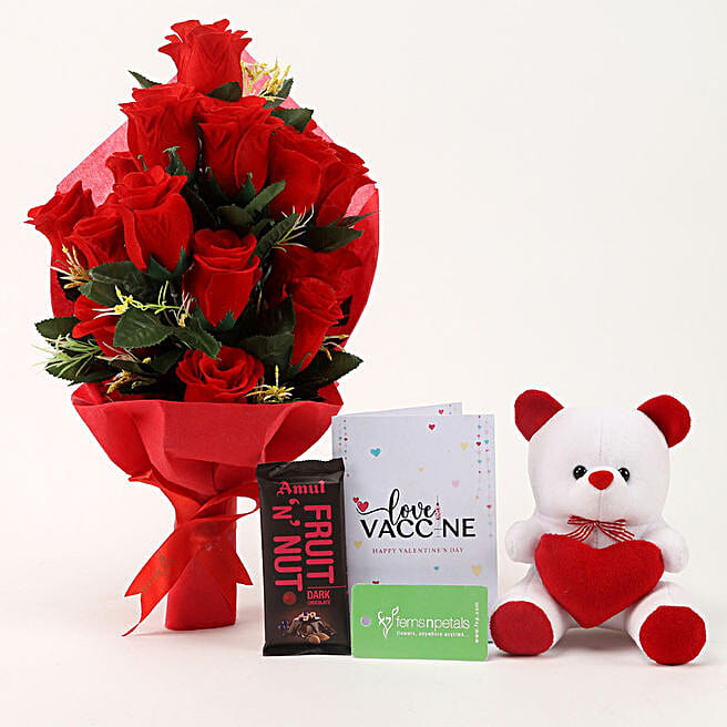 Buy/Send 21 red roses bouquet amul chocolate white teddy Online- FNP