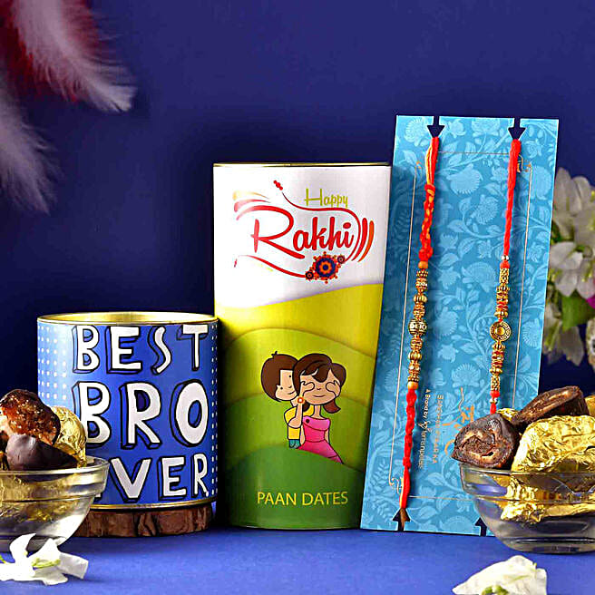 Buy/Send 2 Antique Beads Stone Rakhis & Chocolate Paan Dates Hamper ...