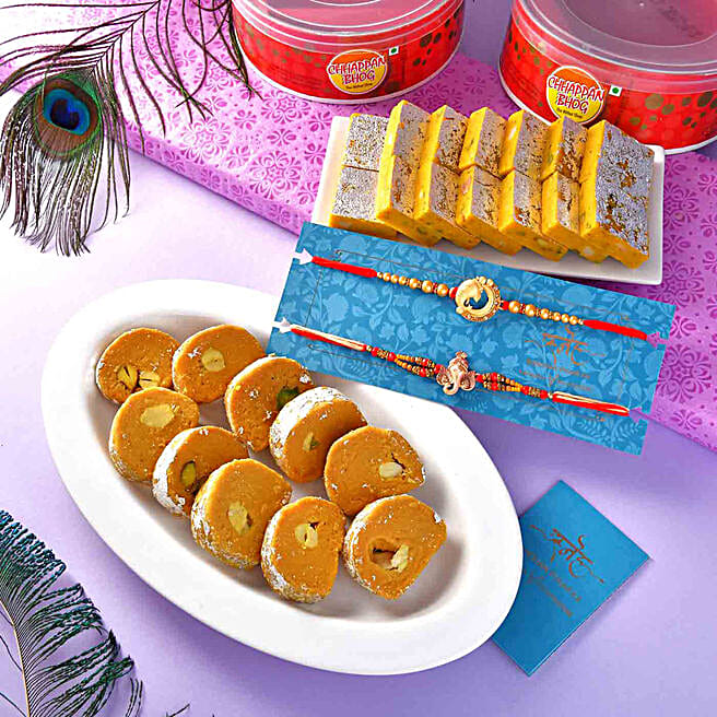 Buy/Send 2 Antique Ganesha Rakhis With Kaju Kesar Barfi & Batisha ...