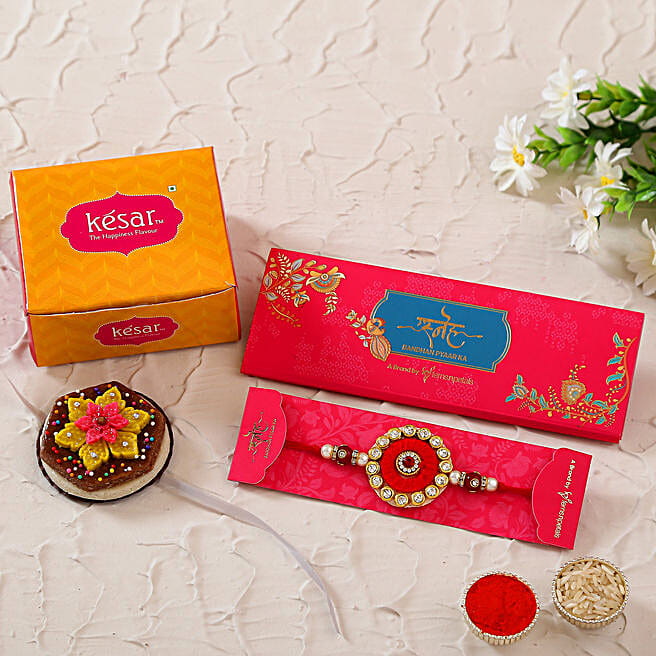 Buy/Send Kundan Luxury Rakhi and Edible Chocolate Mithai Rakhi Online- FNP