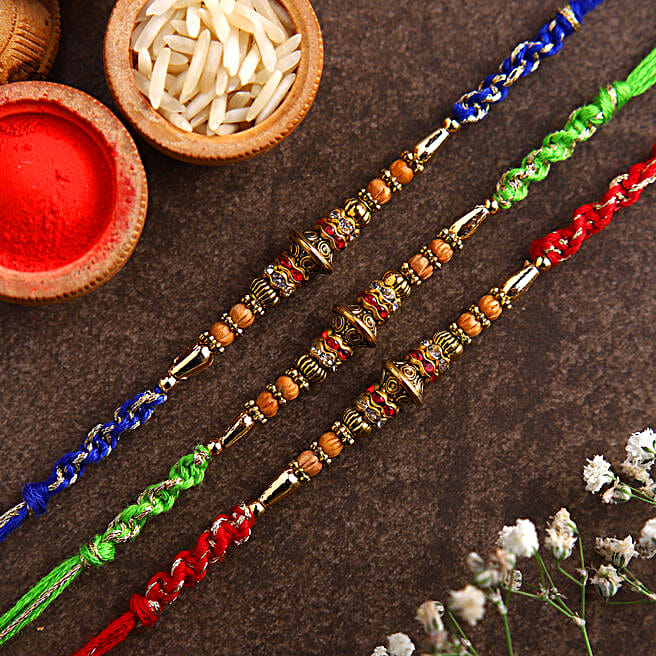 Buy/Send Set of 3 Delicate Beads Rakhi Online- FNP