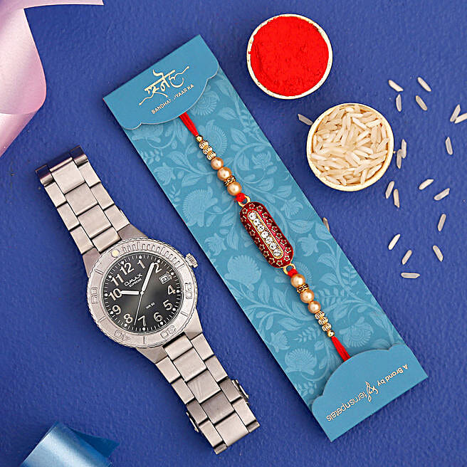 Buy/Send Designer Capsule Rakhi & Omax Classic Analog Watch Online- FNP