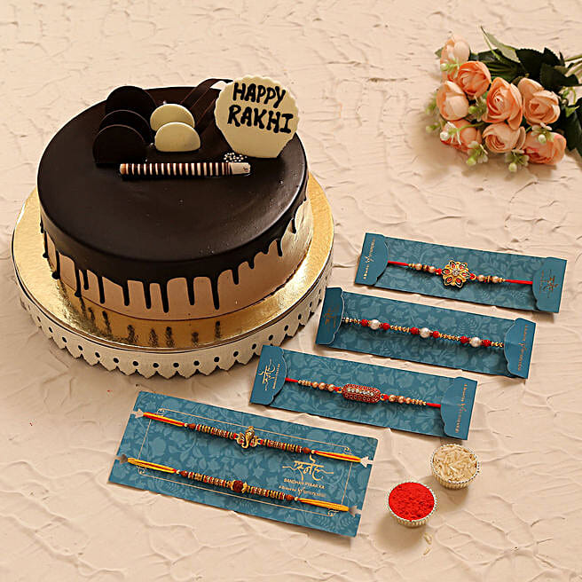 Buy/Send 5 Designer Rakhis & Chocolate Cake Online- FNP