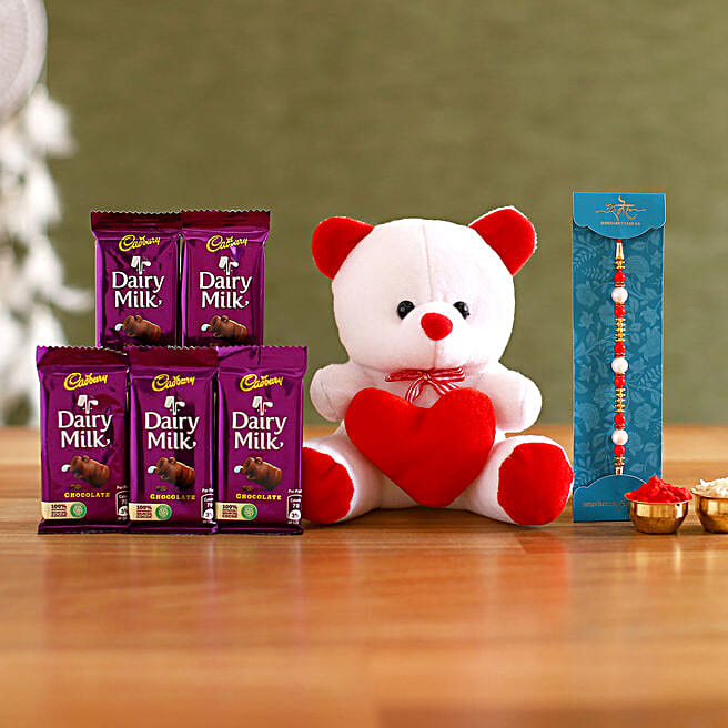 Buy/Send Pretty Pearl Rakhi and Teddy Hamper Online- FNP