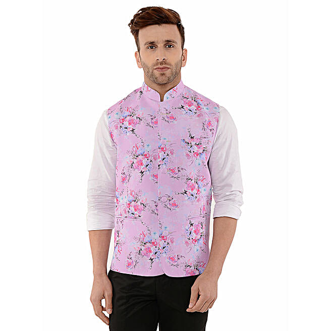 Buy/Send Pink Printed Nehru Jacket Online- FNP